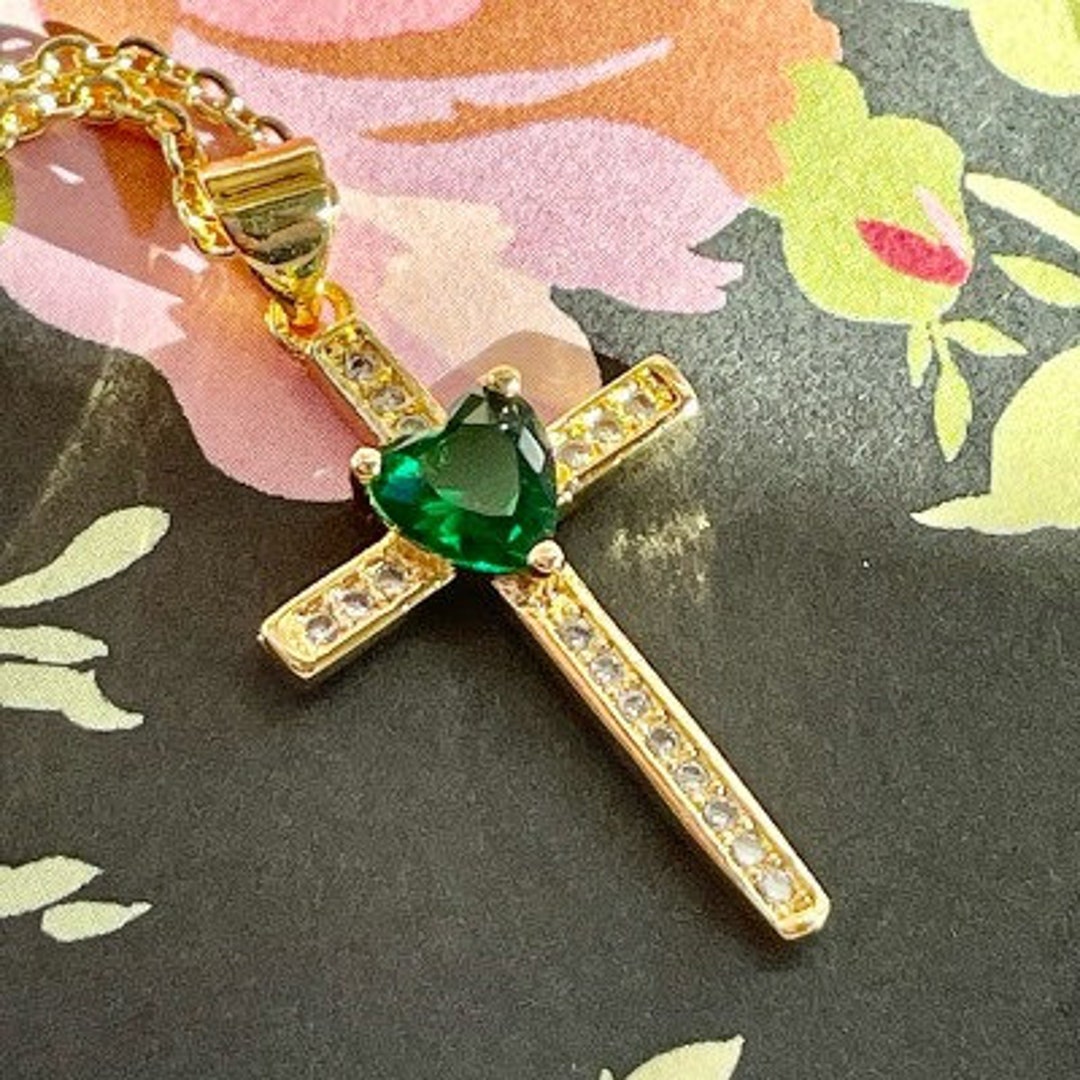 Gold Toned White Rhinestone Encrusted Cross With Green Rhinestone Heart ...