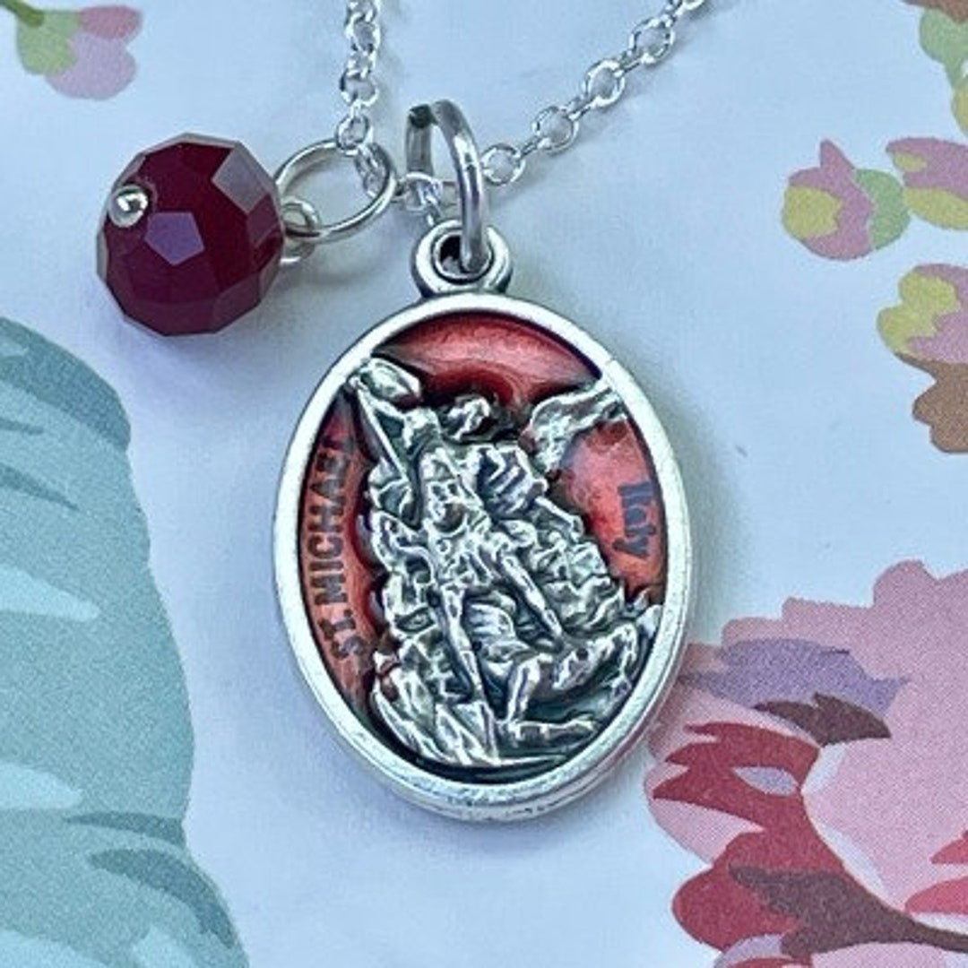 Saint Michael/guardian Angel Medal Silver Toned Red Resin Double Sided ...