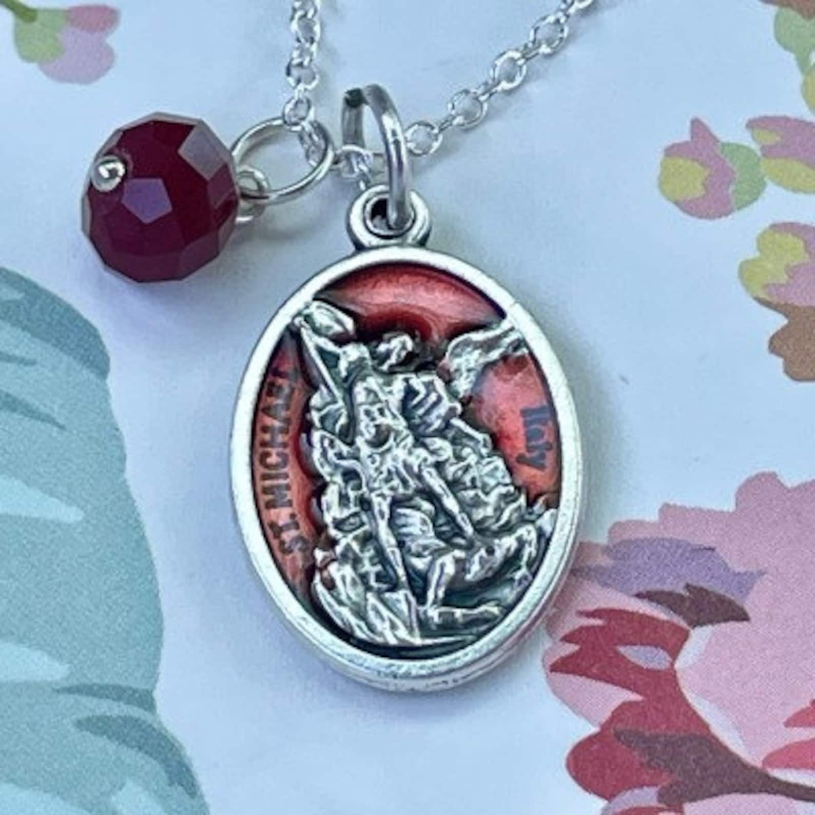 Saint Michael/guardian Angel Medal Silver Toned Red Resin - Etsy