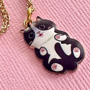 Cute! Gold Plated Enamel Tuxedo Cat Kitten Charm on Gold Plated 18 Inch ...