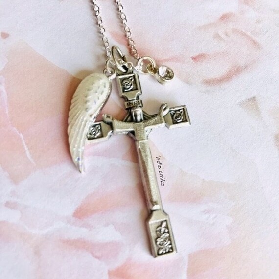 Silver Tone Jesus Crucifix Cross From Italy White Enamel Angel - Etsy