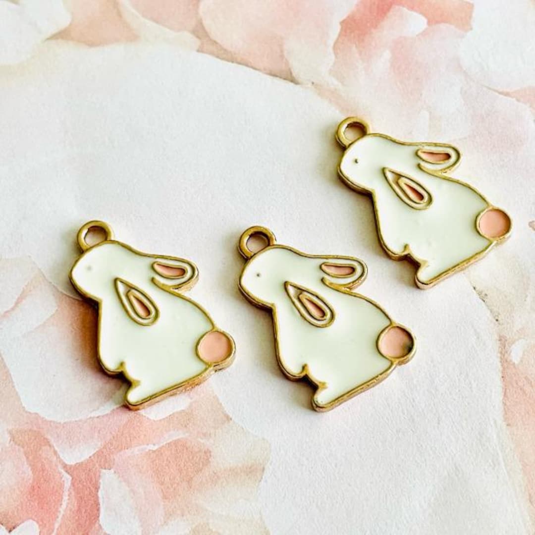 Set of 3 Cute White and Pink Enamel Long Eared Bunny Bunnies Rabbits ...