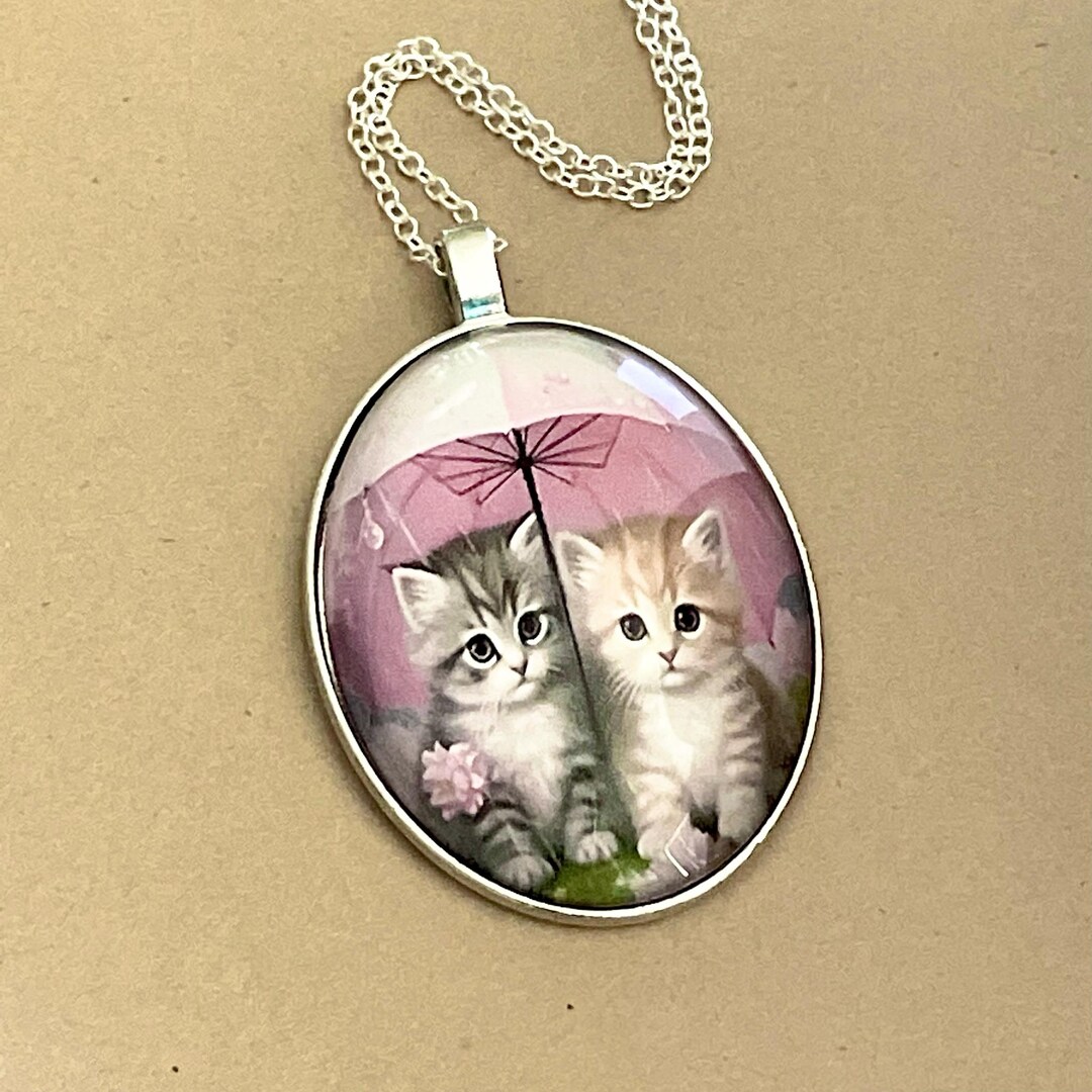 Cute Silver Toned Grey Tabby Orange Tabby Cat Kitten Necklace Pendant ...