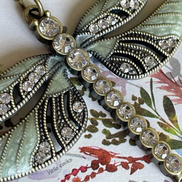 Large Bronze Tone Metal Dragonfly Green Enamel Wings With Rhinestone ...