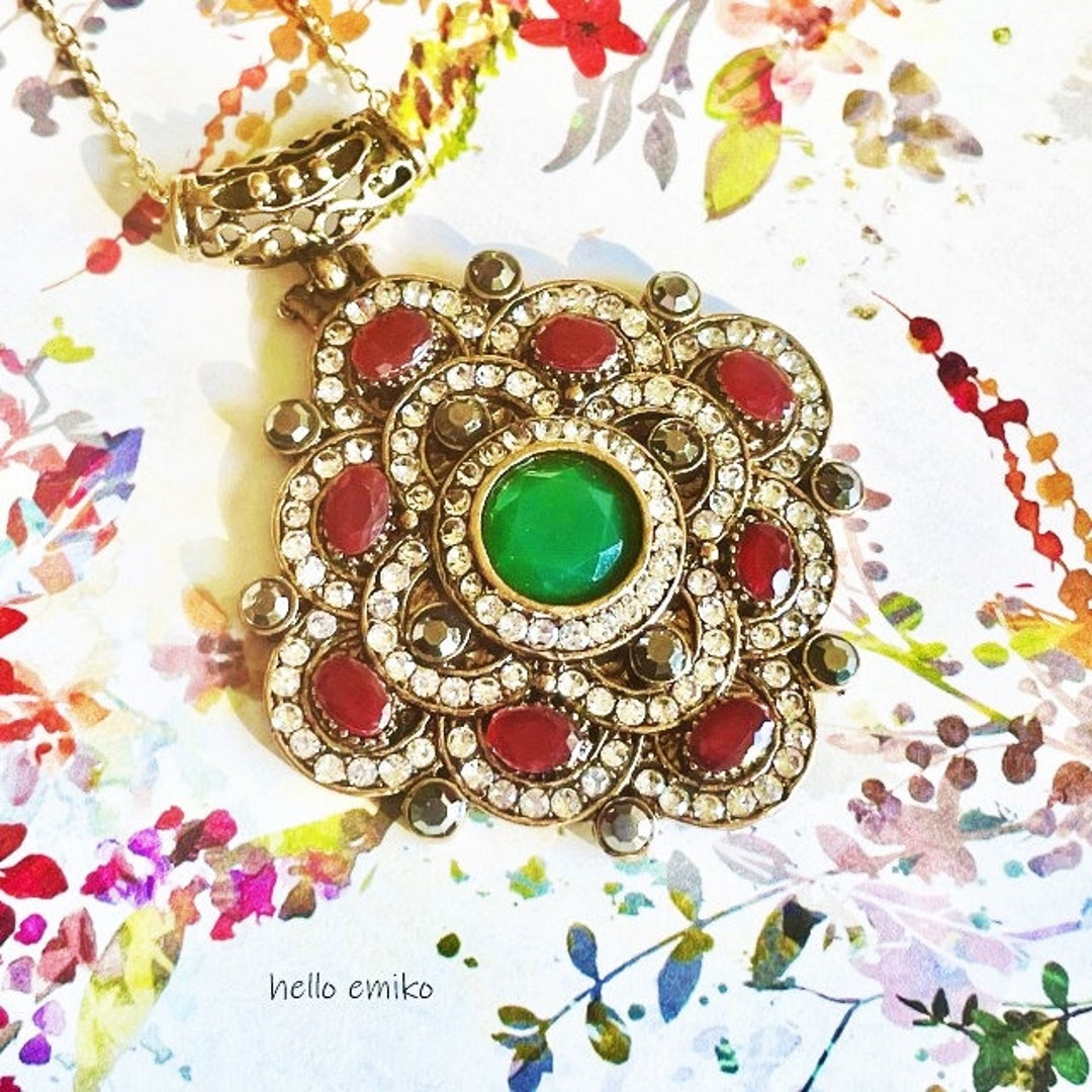 Large Ornate Gold Tone Encrusted Rhinestone Faux Ruby & Jade Jewels ...