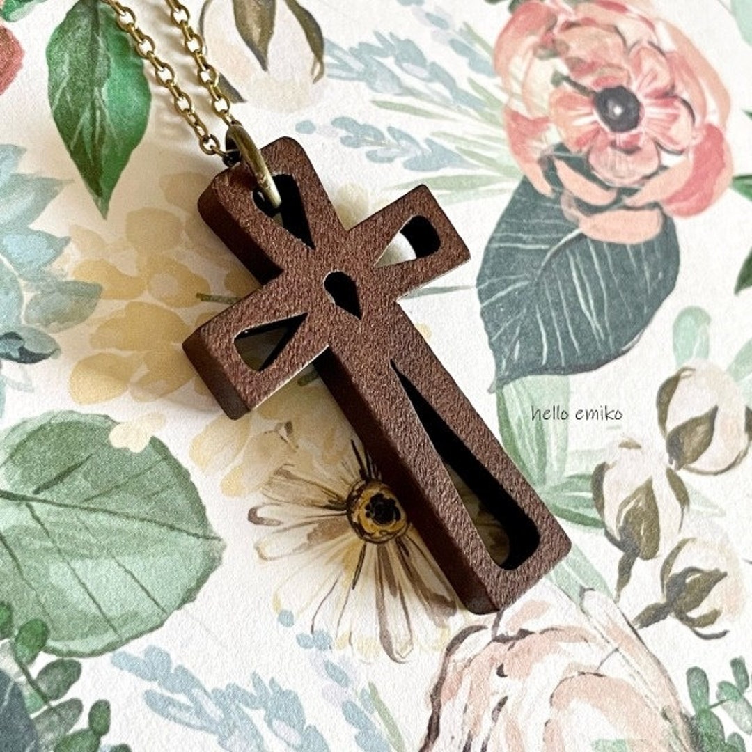 Lazer Cut Jesus Cross Deep Brown Wood Light Weight Necklace Pendant on ...