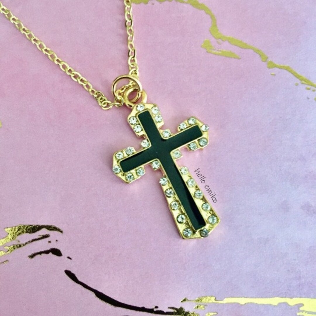 Christian or Catholic Gold Toned Rhinestone Encrusted & Black Enamel ...