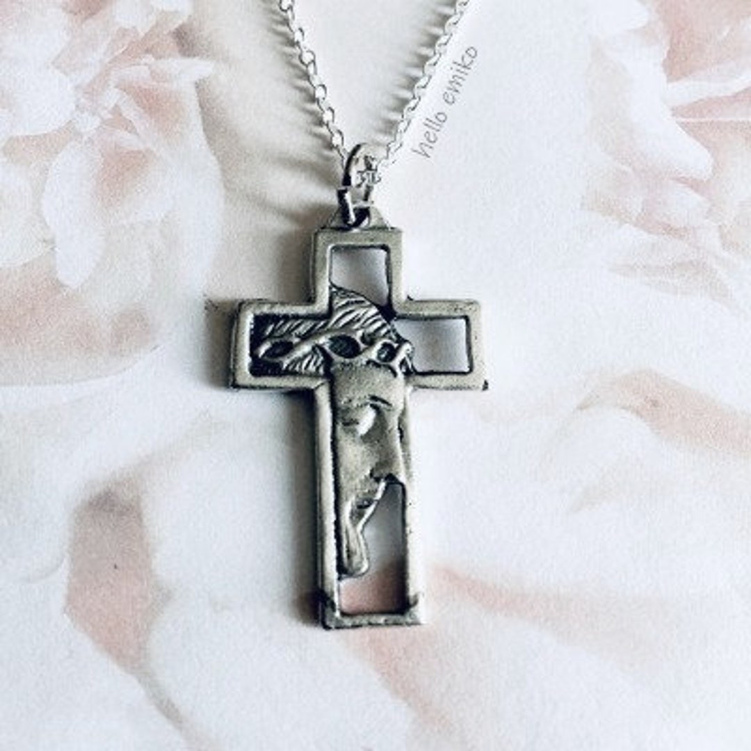Silver Tone Jesus Face on Cross Crucifix Medal From Italy Necklace ...