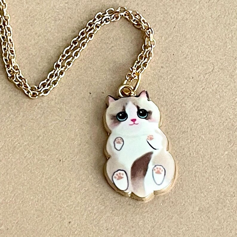 Cute! Gold Plated Enamel Cat Kitten Charm on Gold Plated 18 Inch Chain ...