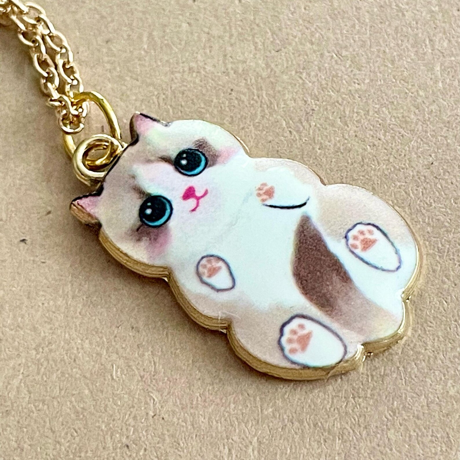 Cute! Gold Plated Enamel Cat Kitten Charm on Gold Plated 18 Inch Chain ...