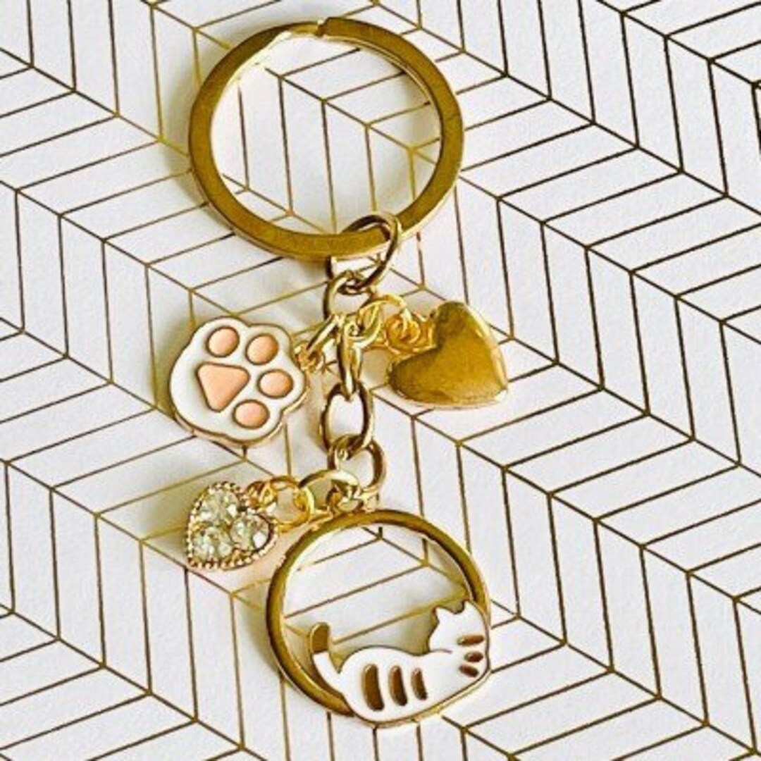 Cute Gold Tone White and Brown Stripe Tabby Cat Enamel Keychain With ...