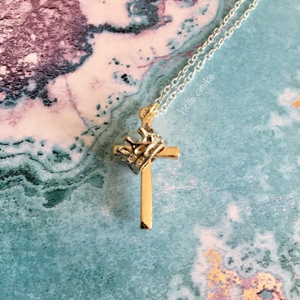 Cross and Crown Necklace Pendant Gold Toned Cross Silver Crown on 18 ...