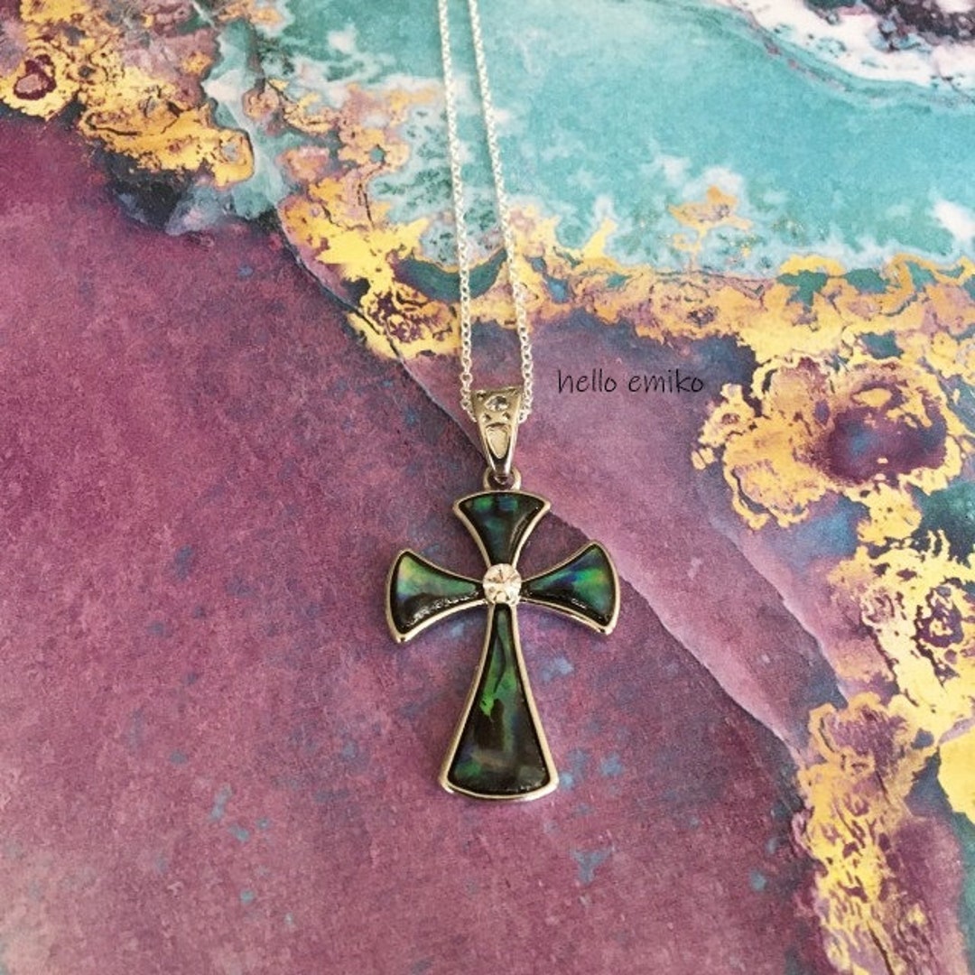 Faux Abalone Cross Jesus Crucifix Necklace Pendant Rhinestone Center ...