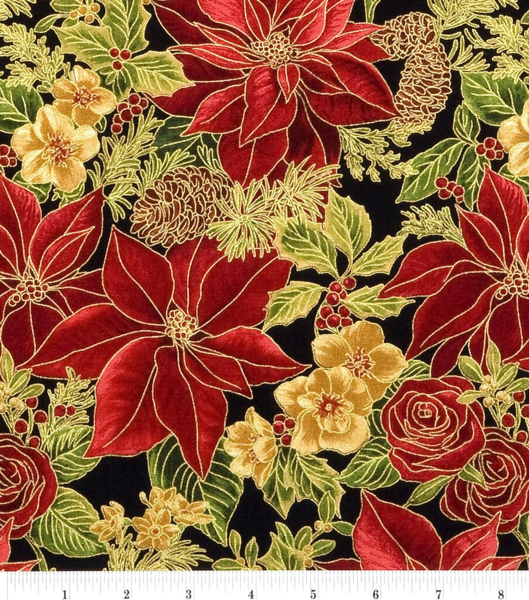 Poinsettias Metallic Christmas Cotton Fabric Robert Kaufman Christmas ...