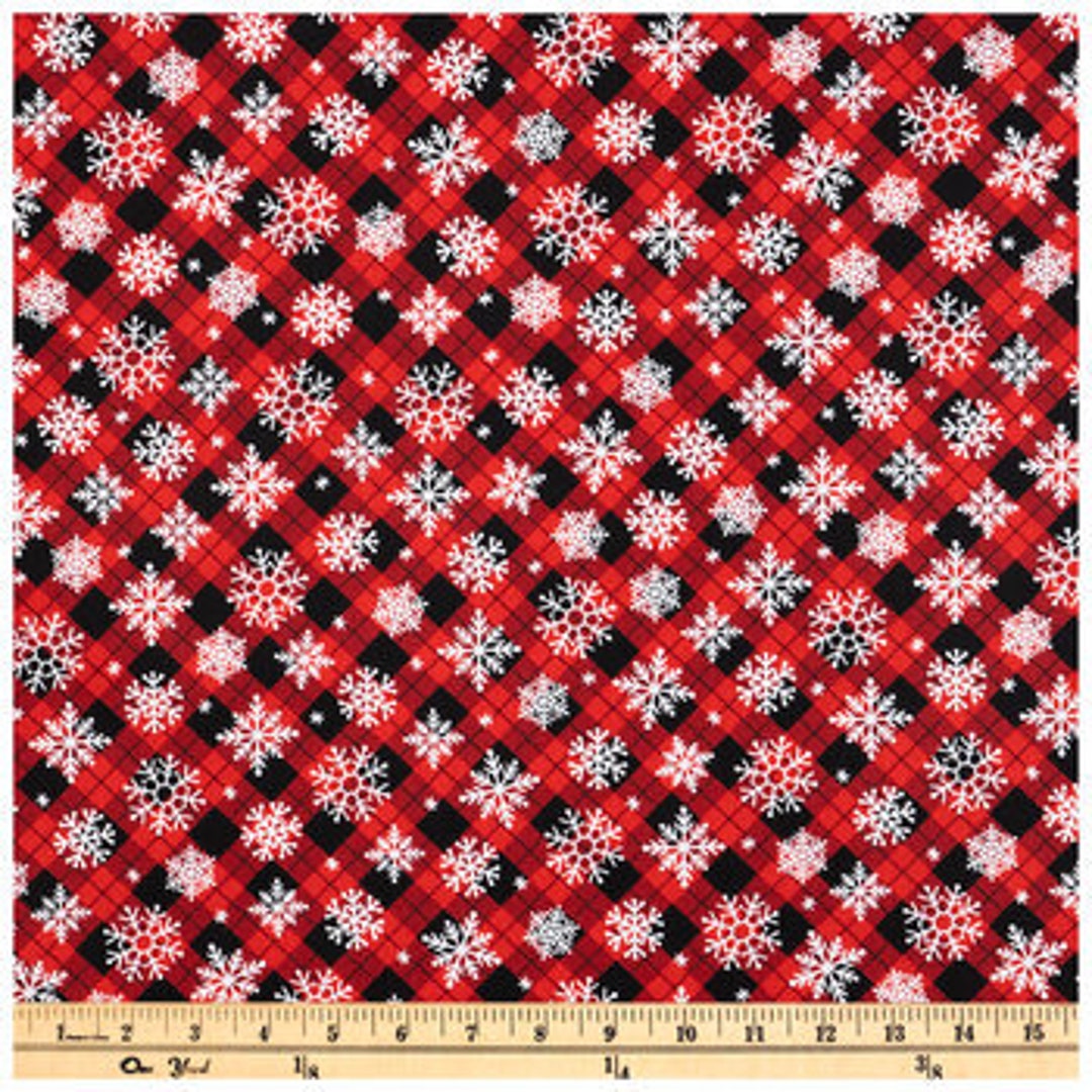 Red Plaid & Snowflakes Cotton Fabric Christmas Cotton Fabric 100% ...