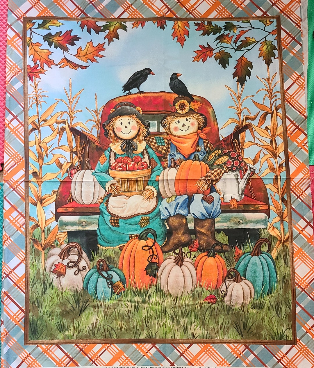 Fall Pumpkins Scarecrow Couple & Truck Cotton Fabric Panel Wallhanging ...