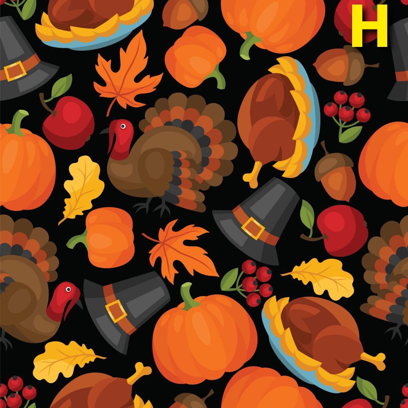 Thanksgiving Fabric Harvest Fall Theme Turkey Pumpkin Feast Pilgrim 100 ...