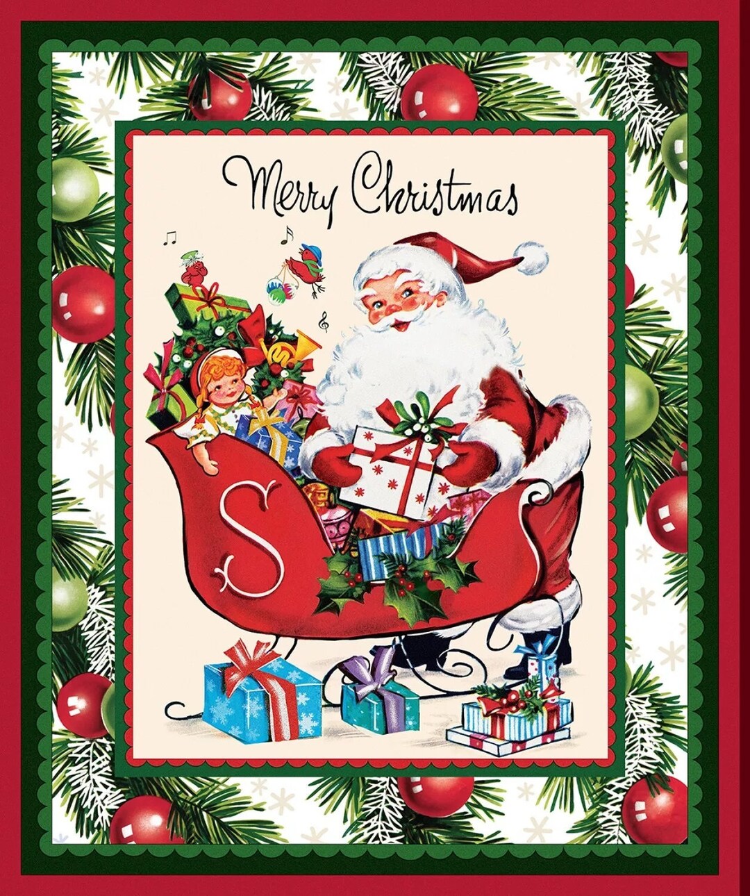 Nostalgic Santa Christmas Fabric Panel P&B Textiles Merry Melody 100% ...
