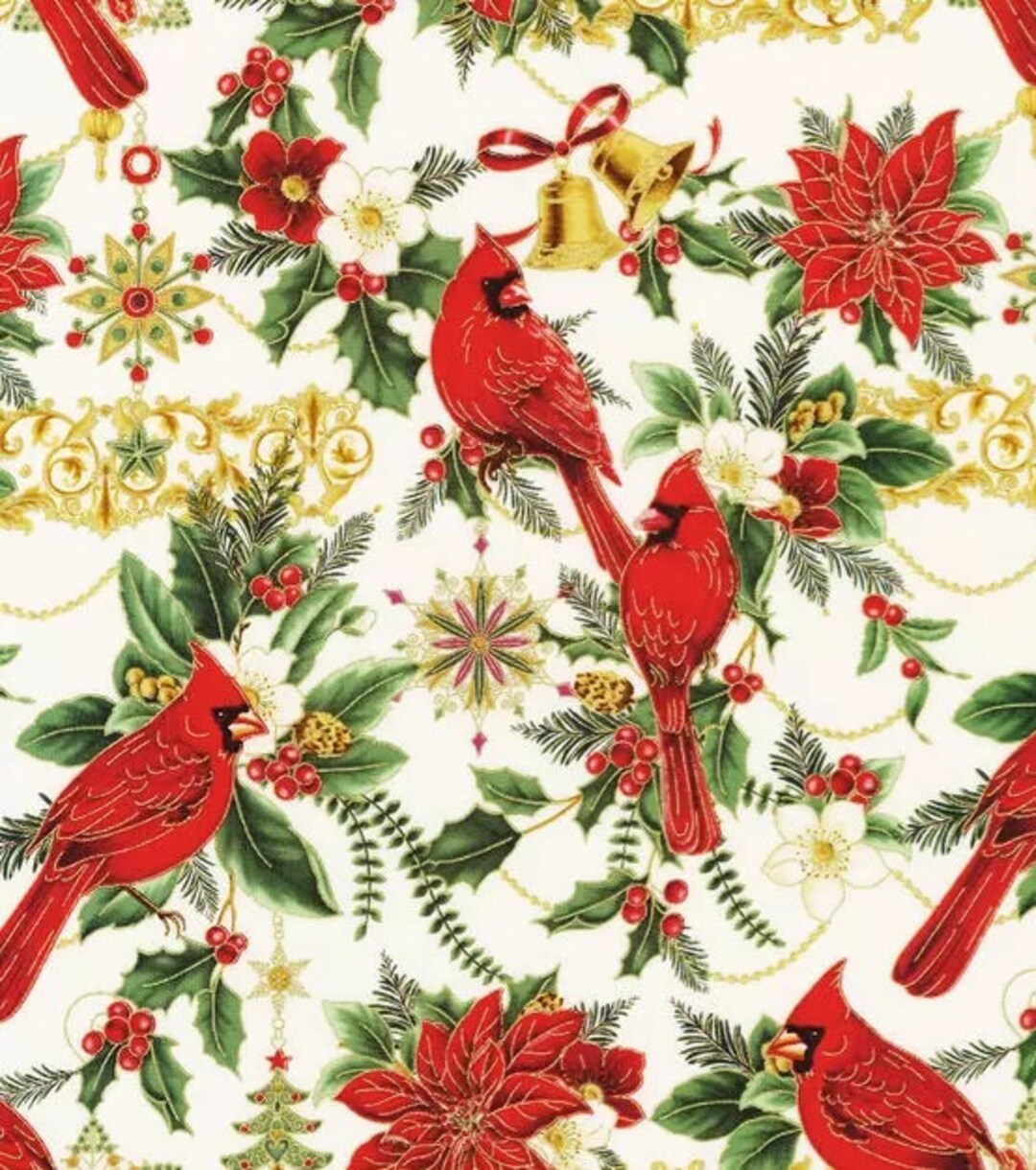 Cardinal Holiday Cream Metallic Holiday Cotton Fabric - Etsy
