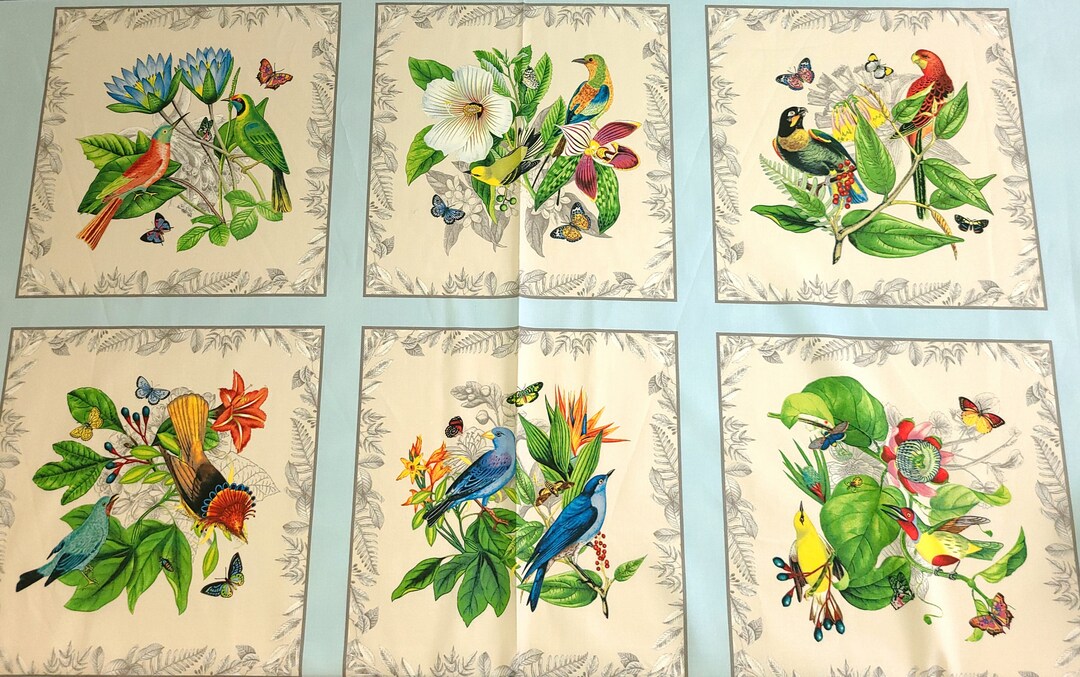 Secret Escape Panel Exotic Birds and Butterflies Blue 24x44 Fabric ...