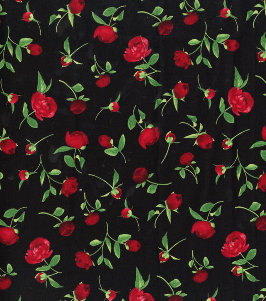 Hi Fashion Mini Roses on Black Premium Print Cotton Fabric Metallic 100 ...