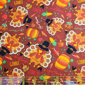 Thanksgiving Fabric Harvest Fall Theme Turkey Pumpkin Feast Pilgrim 100 ...
