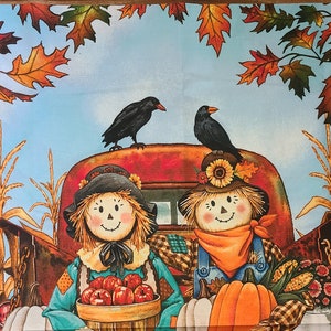 Fall Pumpkins Scarecrow Couple & Truck Cotton Fabric Panel Wallhanging ...