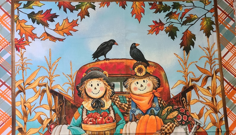 Fall Pumpkins Scarecrow Couple & Truck Cotton Fabric Panel Wallhanging ...