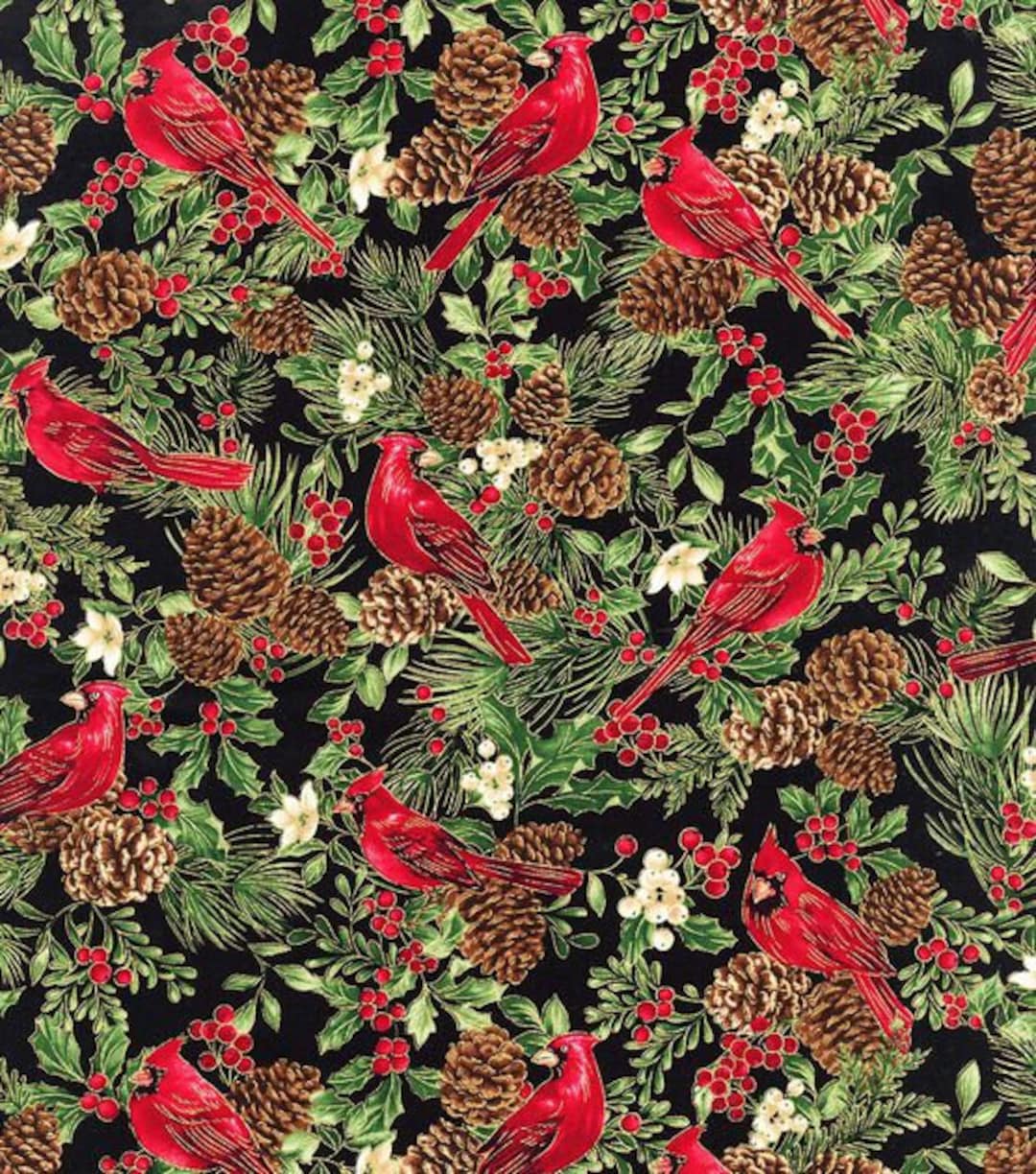 Hi Fashion Metallic Cardinals on Black Christmas Fabric 100% Cotton - Etsy