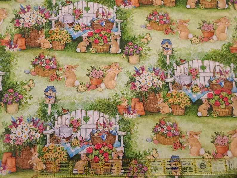 Susan Winget Bunnies Scenic Easter Cotton Fabric 100% Cotton Half Yard ...