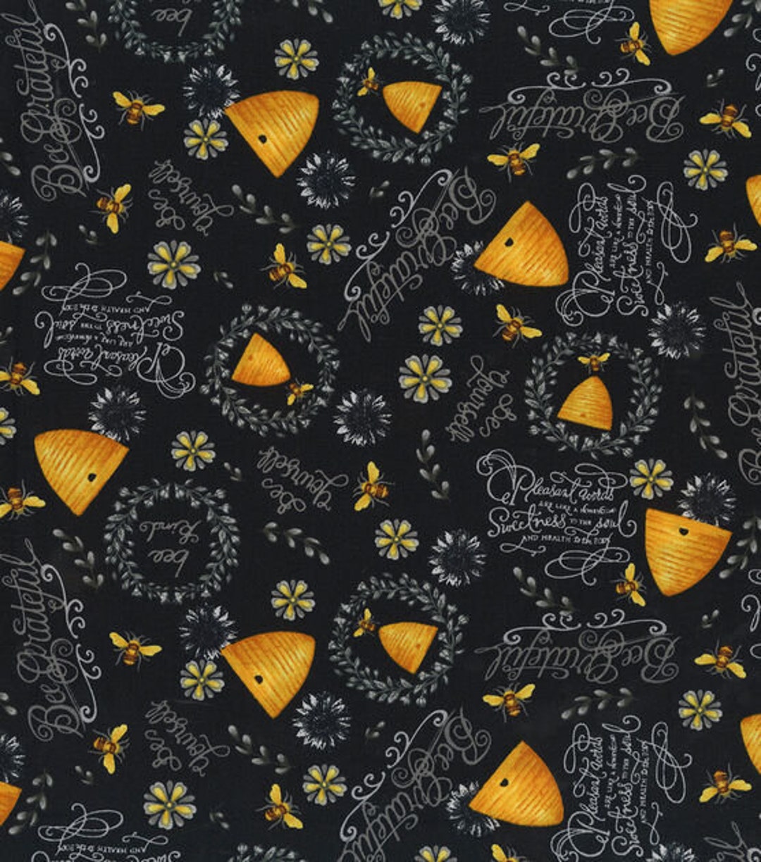 Hi Fashion Bee Hives and Phrases on Black Premium Print Cotton Fabric ...