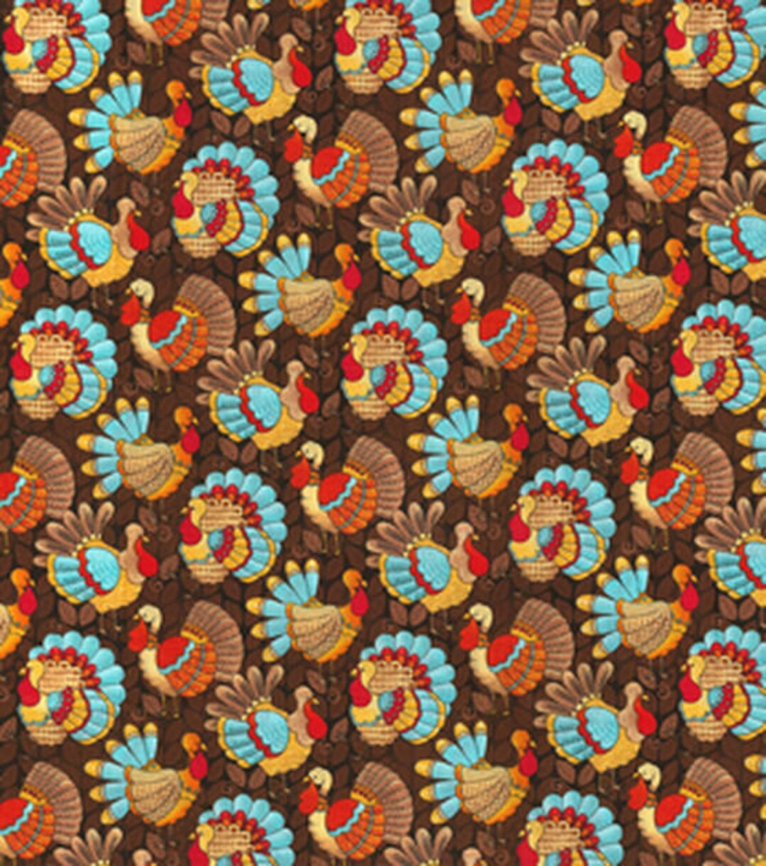 Fall Teal Turkeys on Brown Cotton Fabric by Laurie Campbell From Fabric ...