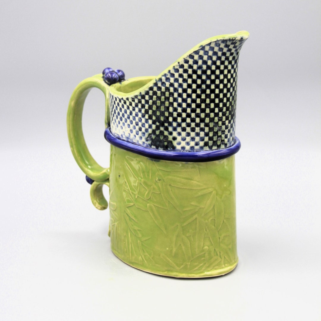 Ceramic Pitcher With Fun Handle Tiny Blue Checks and Bright Green ...