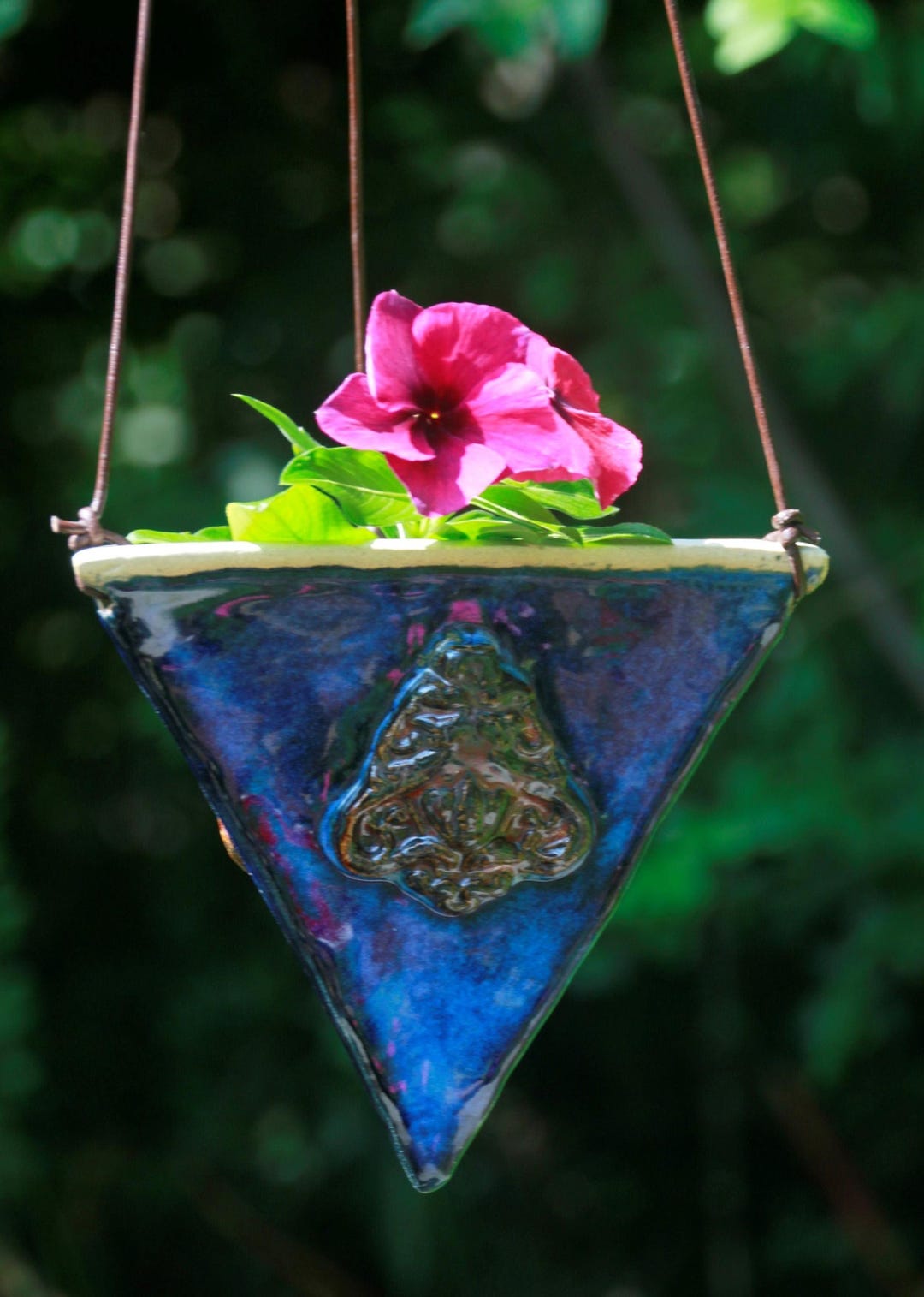 Hanging Ceramic Pottery Pyramid Planter Deep Blue With Goddess Applique ...