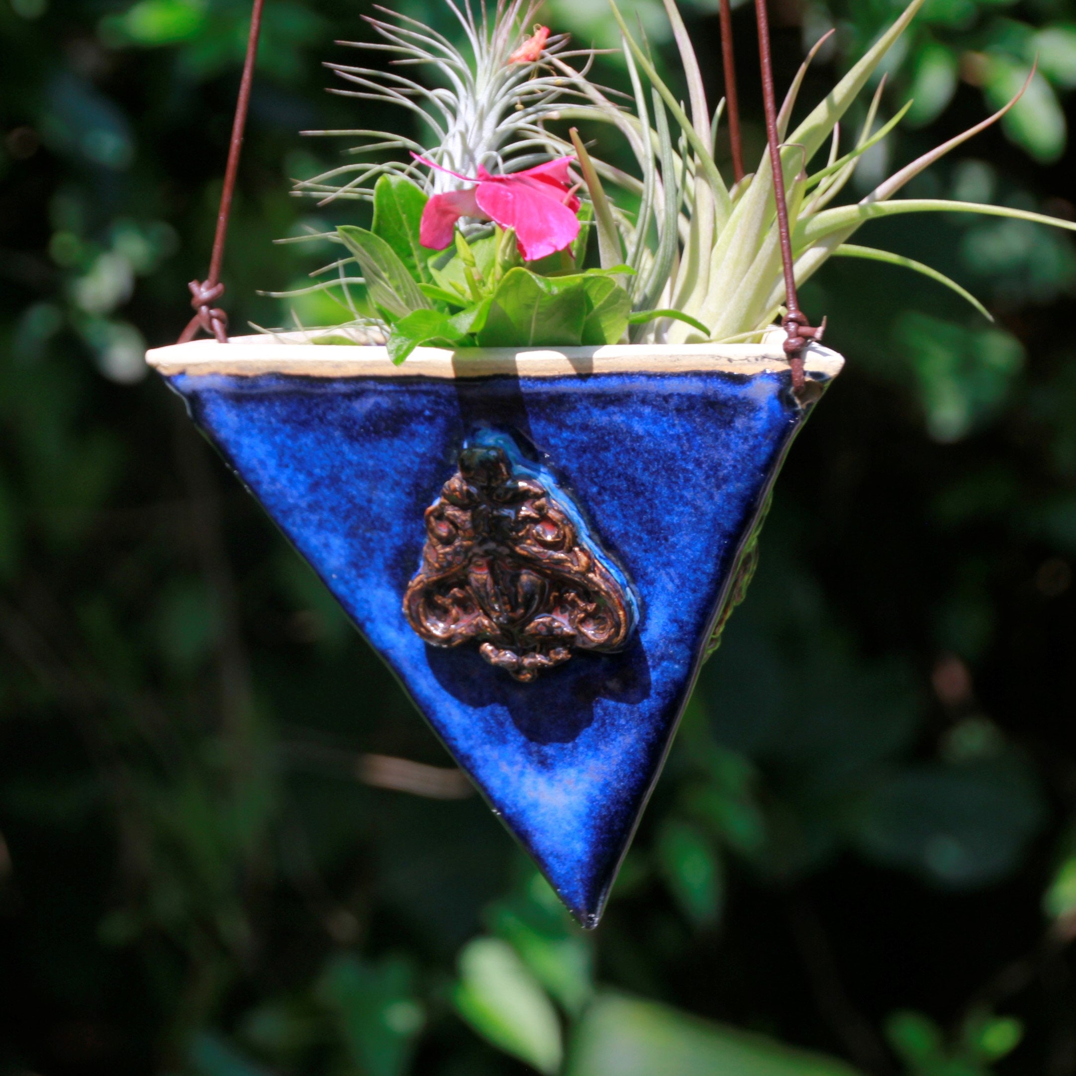 Hanging Ceramic Pottery Pyramid Planter Deep Blue With Goddess Applique ...