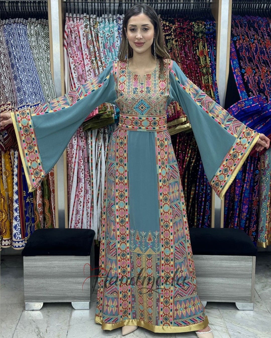 Randa Embroidered Palestinian Maxi Dress Occasional Long Kaftan Thoub ...