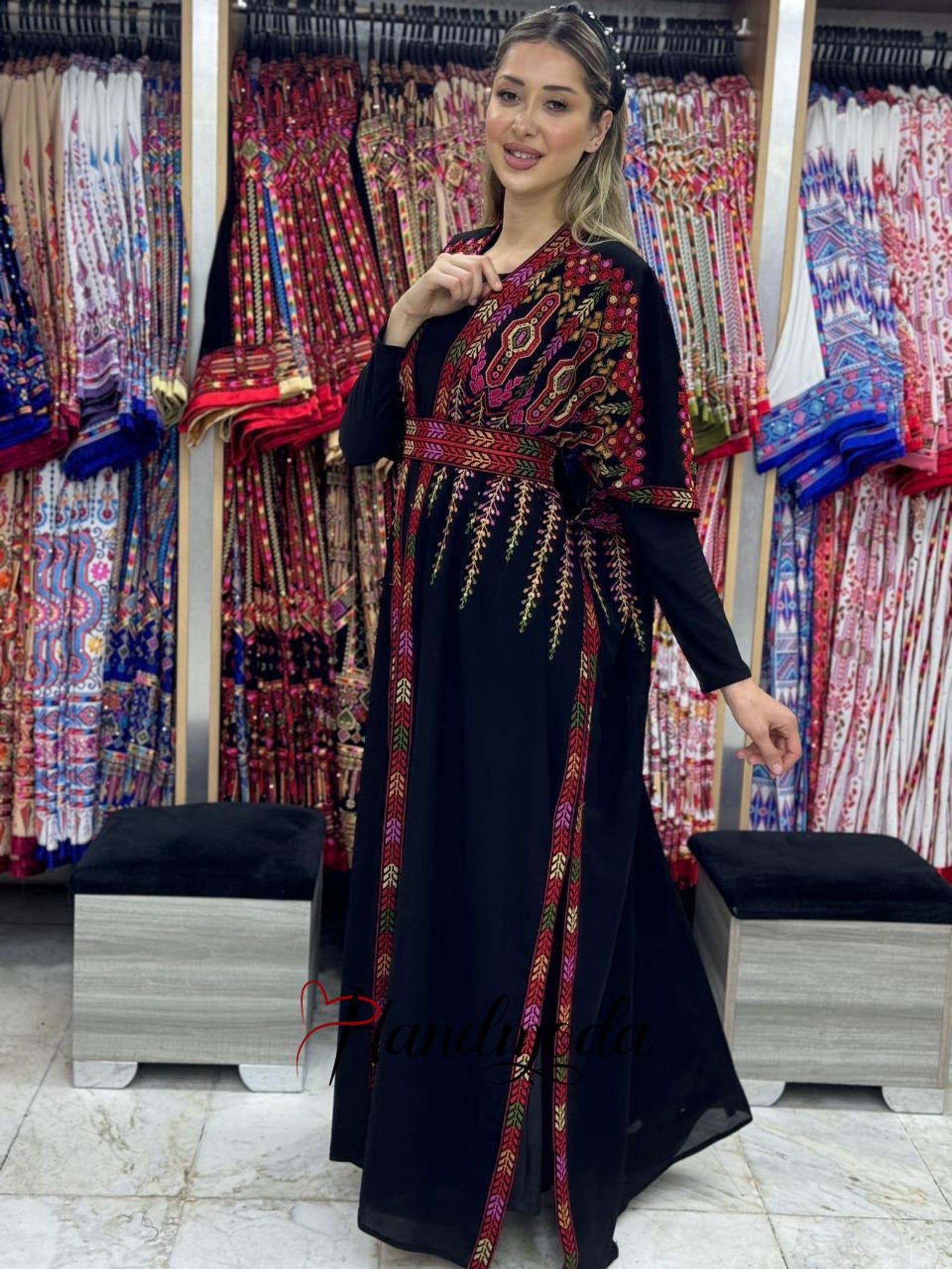 Embroidered Cape Bisht: Palestinian Cross Stitch Henna Night Abaya ...