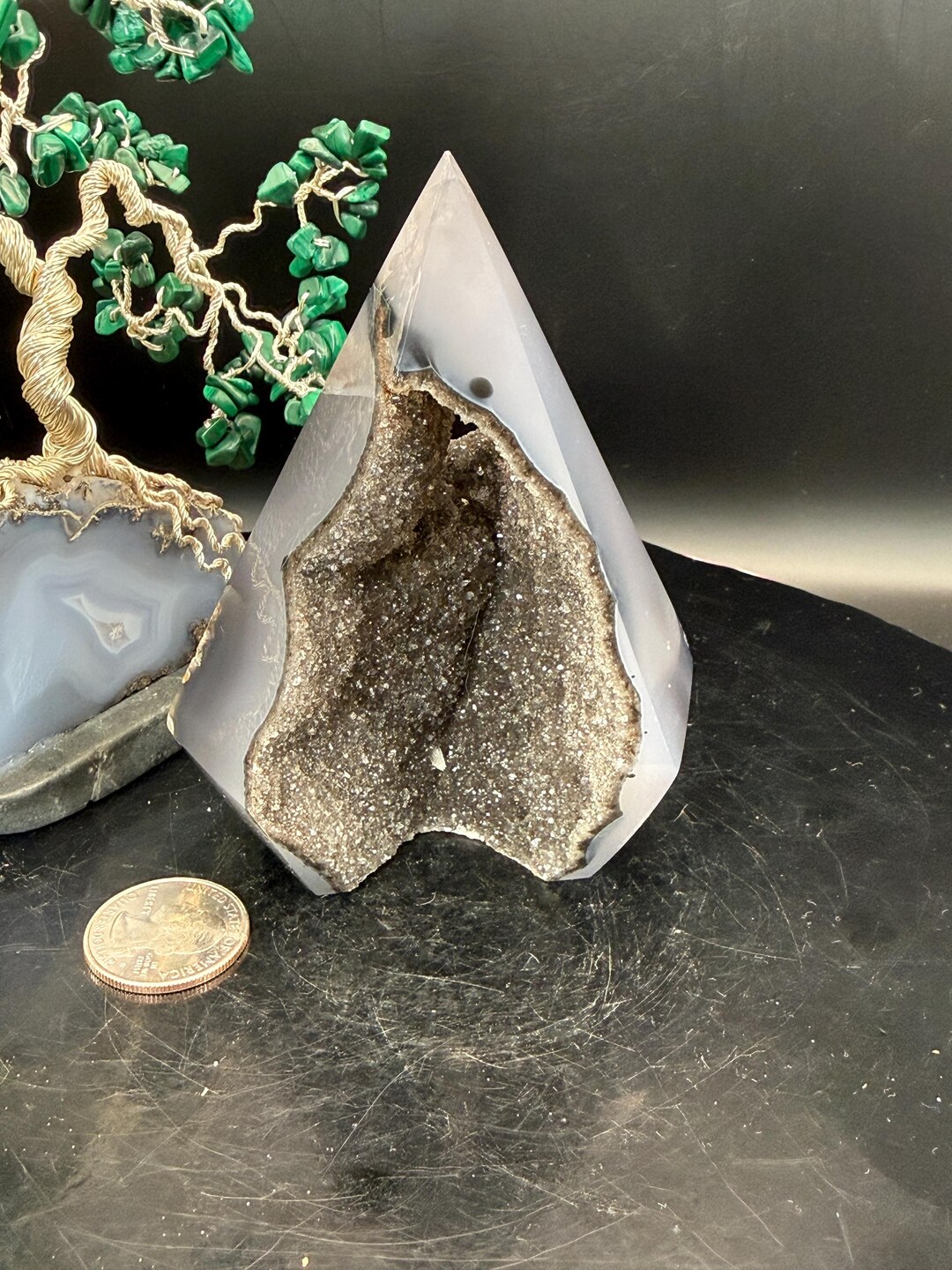 Agate Geode With Black Druzy Quartz Portal Diamond Point Brazil 4.41 ...