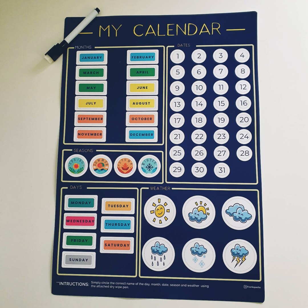 A3 Kid's Calendar Perpetual Calendar Educational Poster Homeschool ...