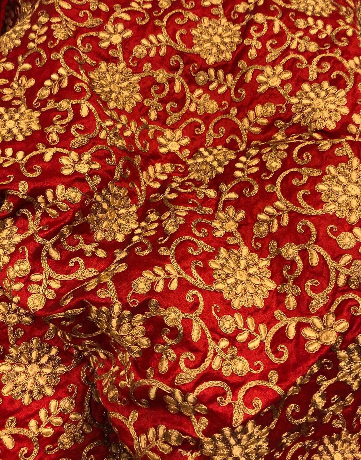 Fabric: Red and Gold Shantung Embroidered, 44” Wide. - Etsy