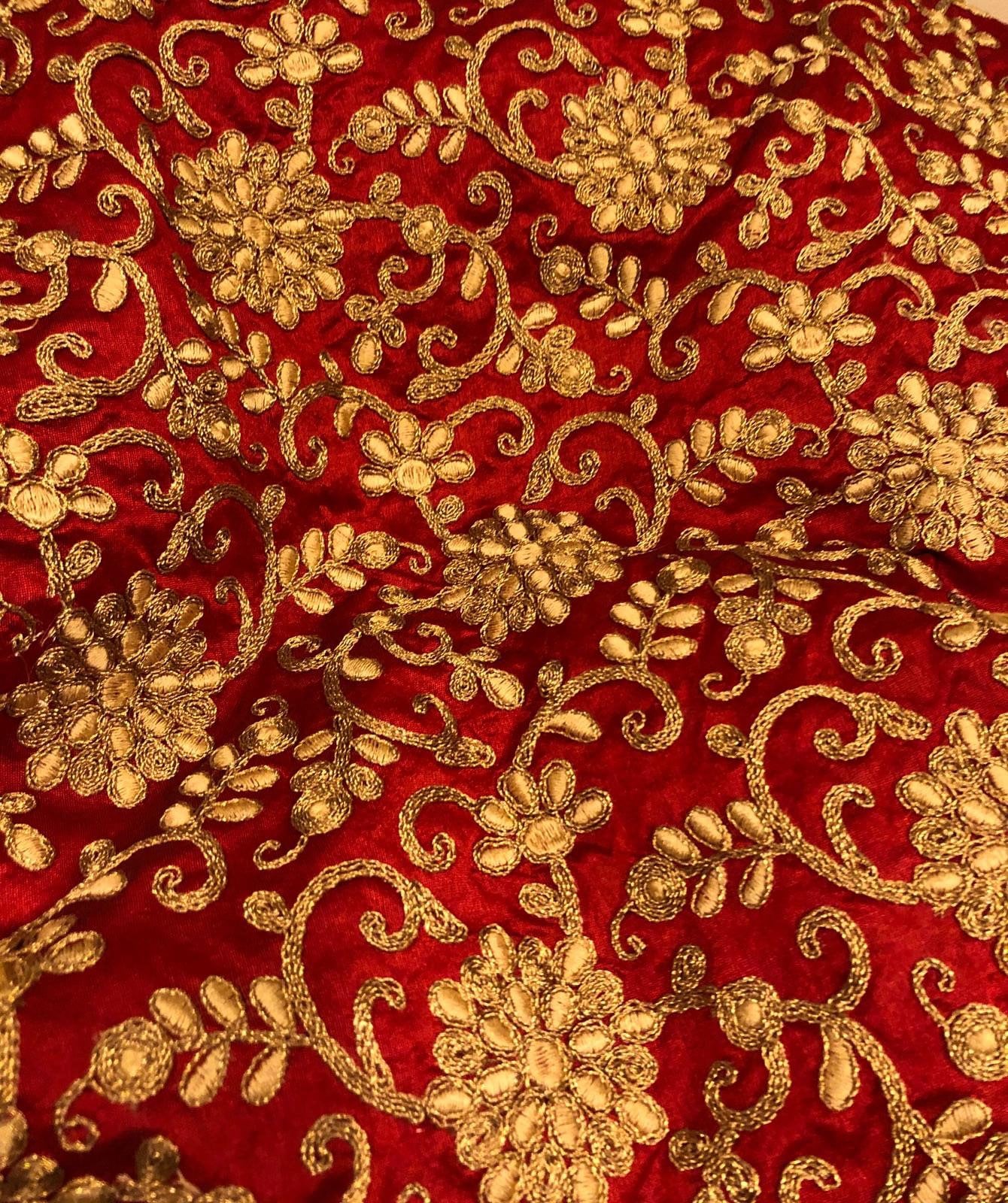 Fabric: Red and Gold Shantung Embroidered, 44” Wide. - Etsy