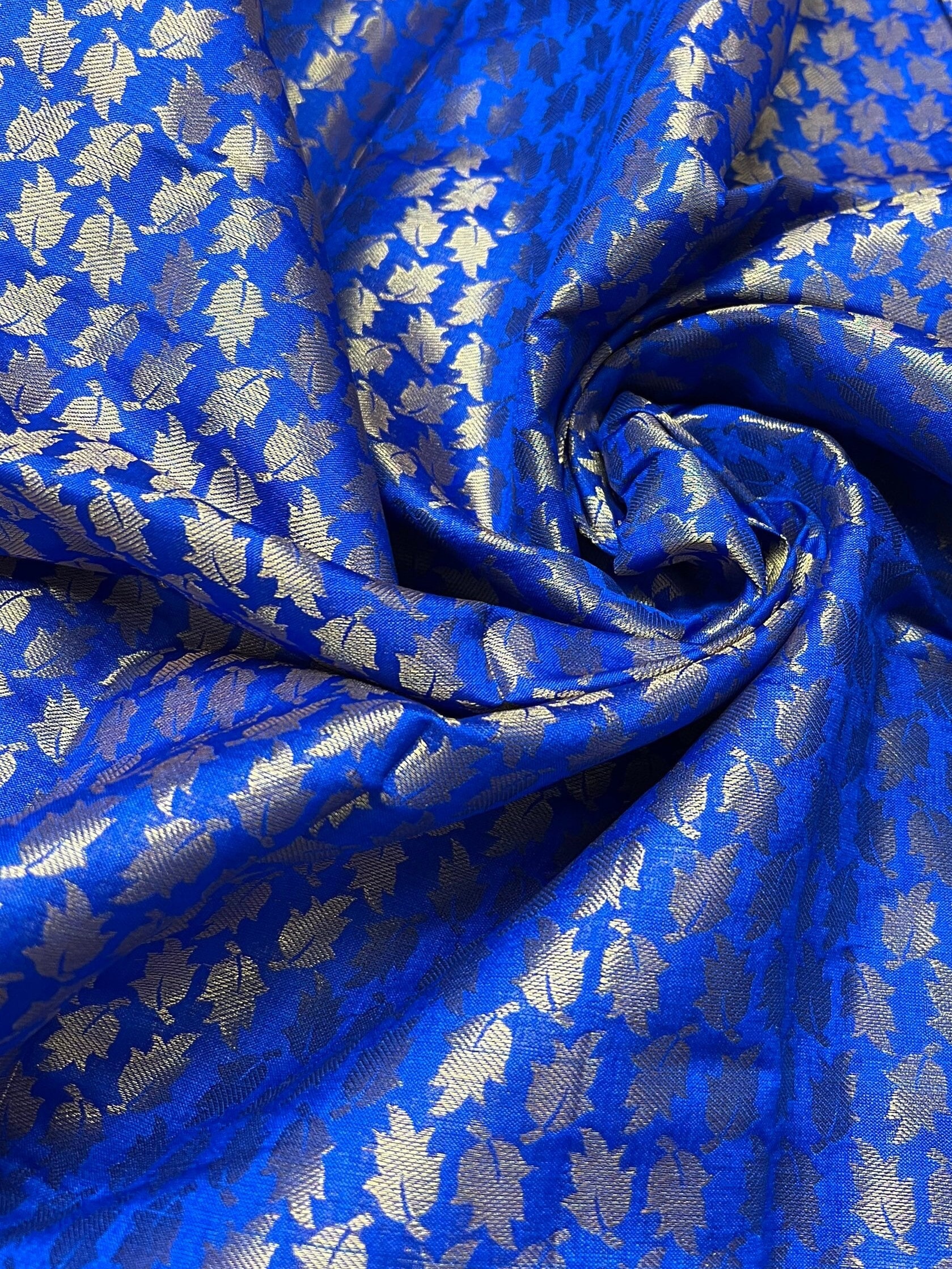 Fabric: Royal Blue Brocade, Gold Metallic Leaf Floral, 44" Wide - Etsy