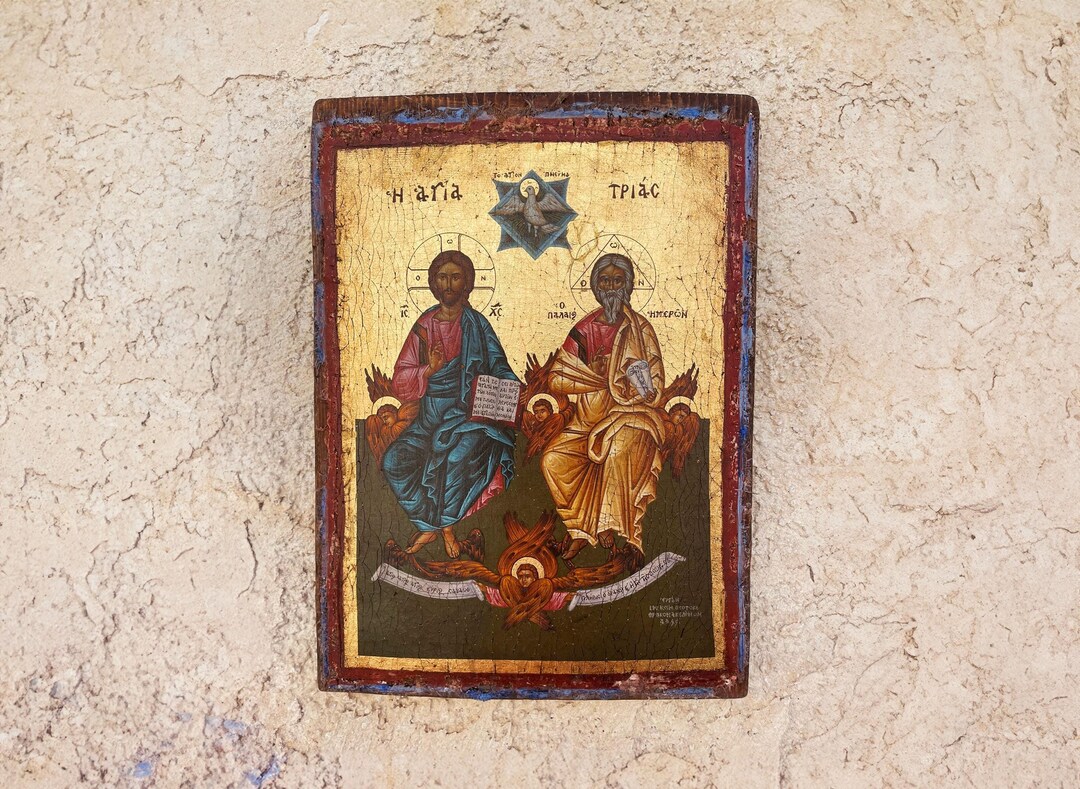 Holy Trinity Greek Orthodox Icon, Golden Sheet, Printed and Partly ...