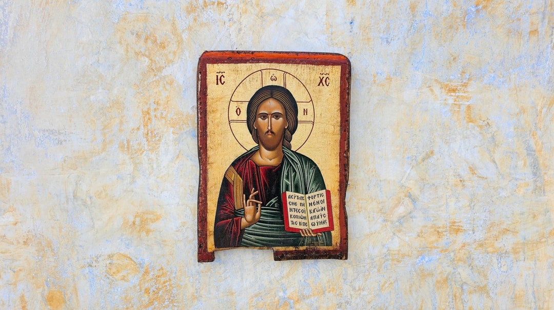 Jesus Christ ''blessing'' - Greek Orthodox Icon, Golden Sheet, Aged ...