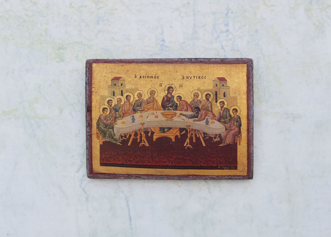 The Last Supper Icon - Greek Orthodox Icon, Golden Sheet, Aged, Printed ...