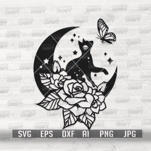 Celestial Cat Moon Florals Svg Mystical Cat Svg Celestial Svg Magic Cat ...