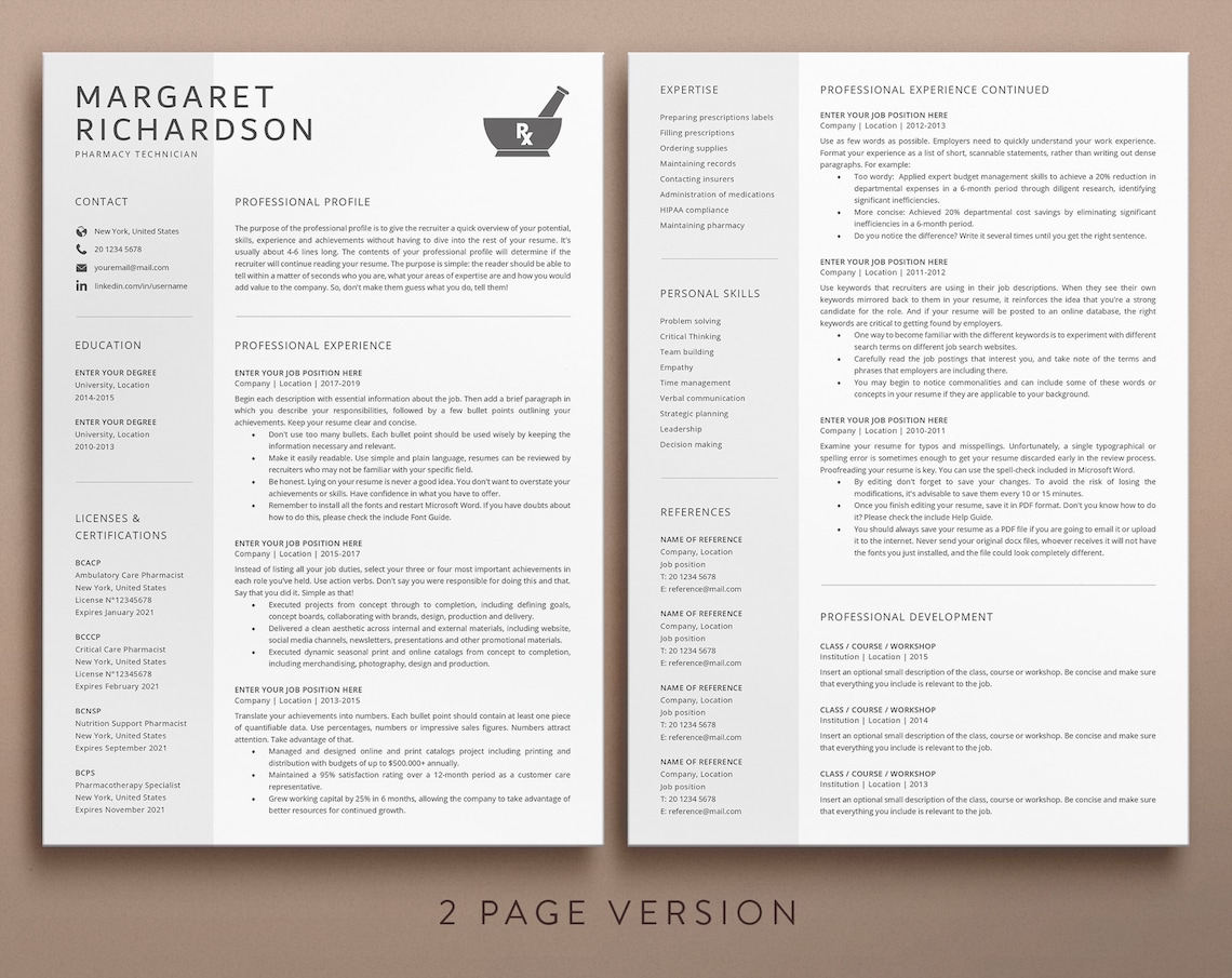 Pharmacist Resume Template for Word, Pharmacy Technician Resume ...