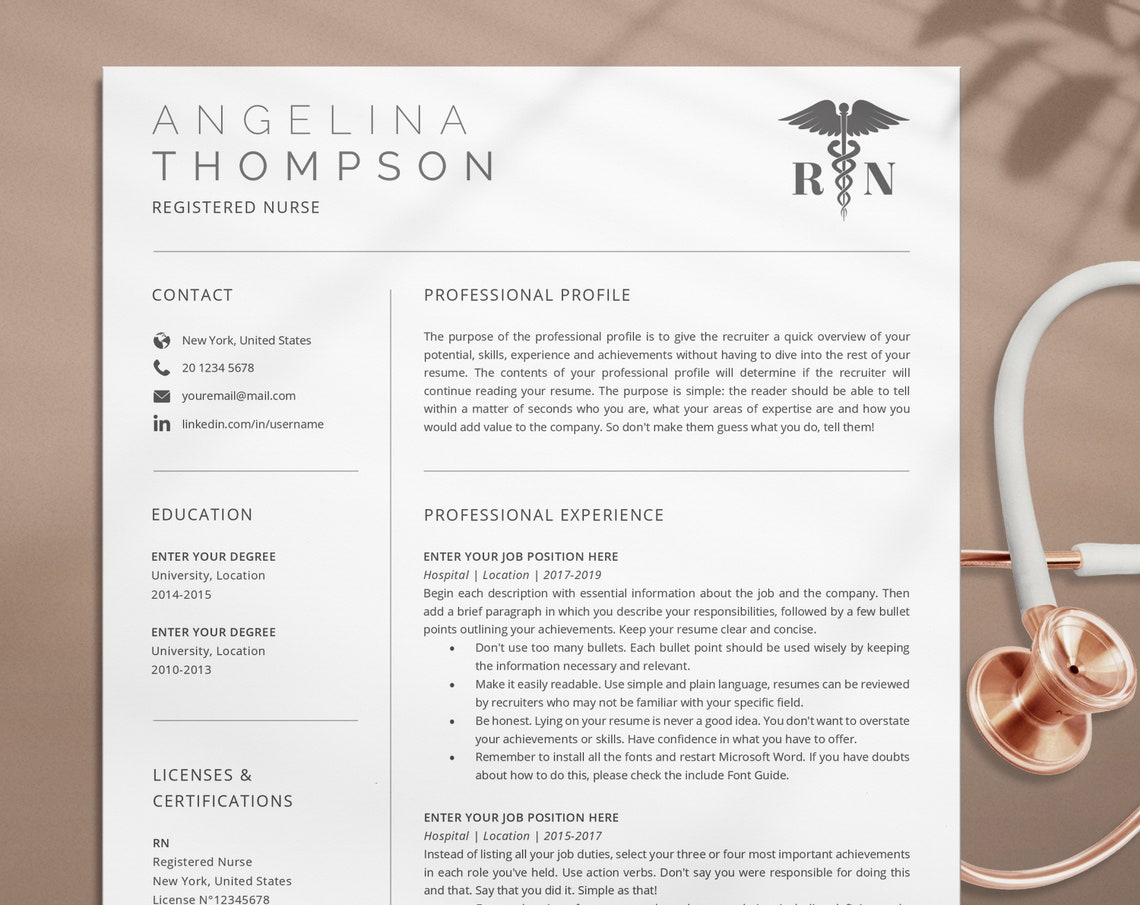 Nursing Resume Template Word RN Resume Template Word - Etsy