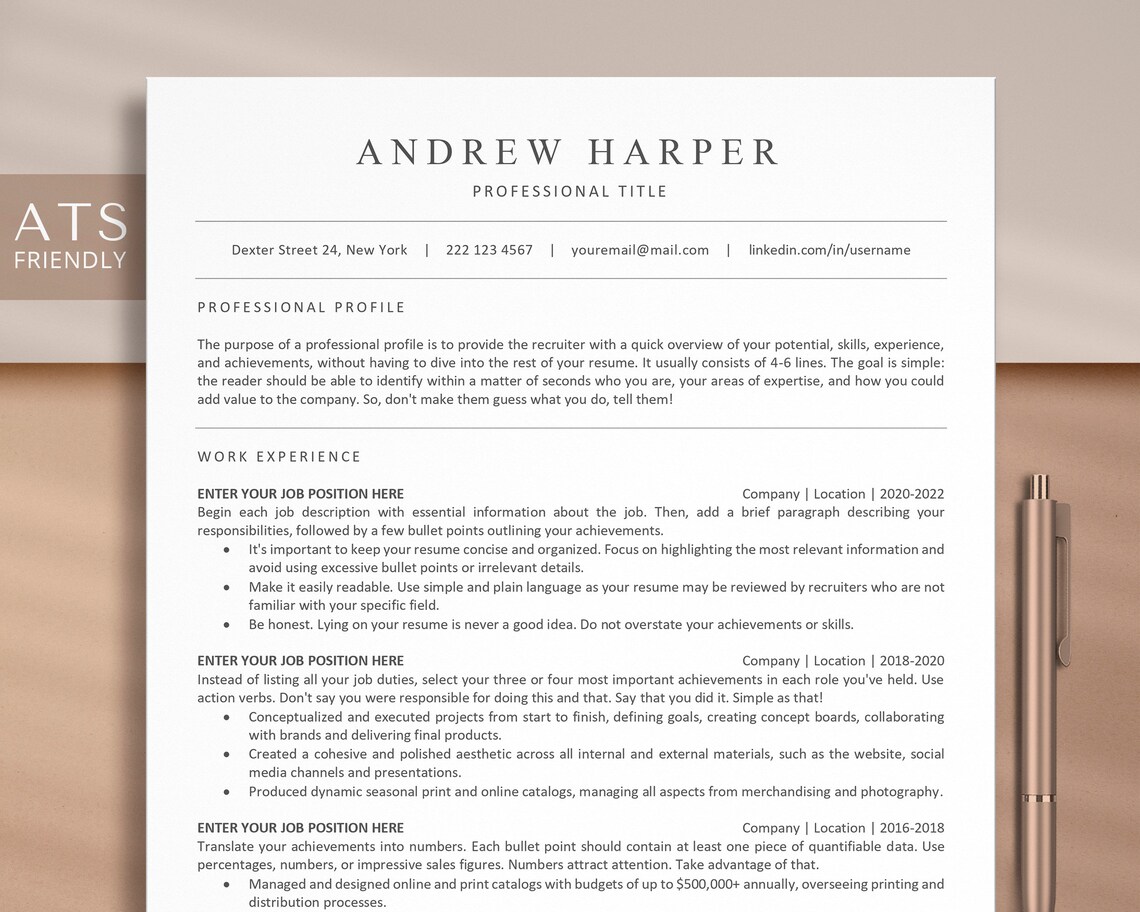 ATS Resume Template Word, Pages, Google Docs, ATS Friendly Resume ...