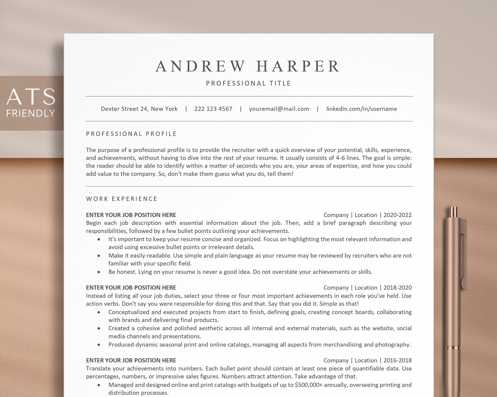 ATS Resume Template Word, Pages, Google Docs, ATS Friendly Resume ...